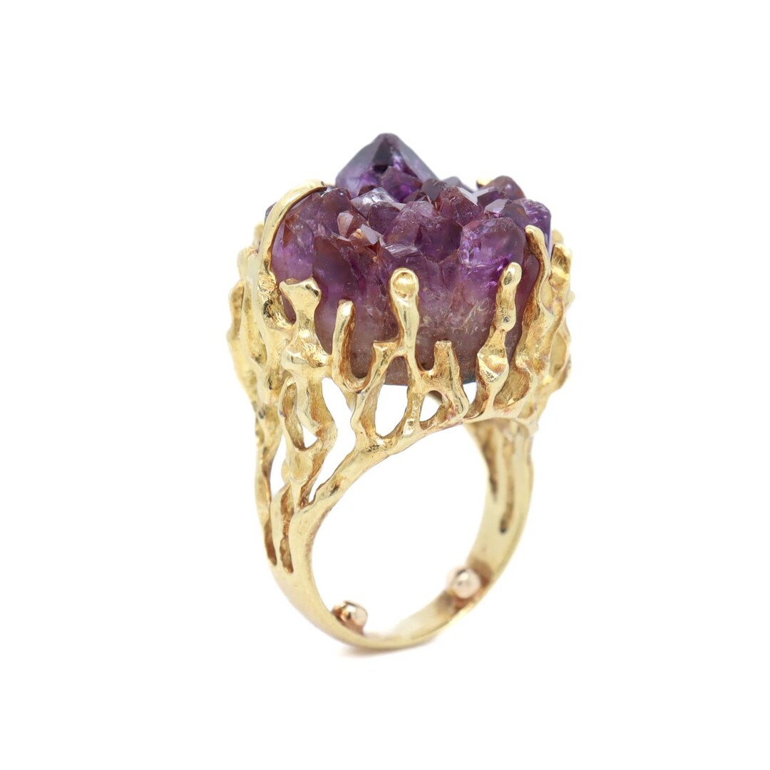 Mid-century Brutalist 18K Gold & Druzy Amethyst Cocktail Ring - Etsy