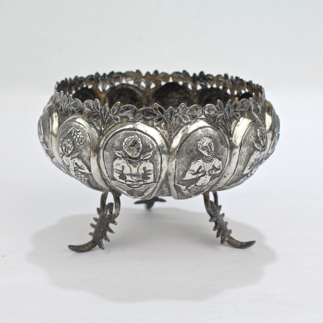 Old or Antique Unmarked Indian Silver Repousse Bowl With Scorpion Feet ...