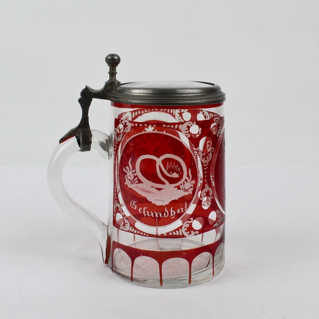 Antique Bohemian Etched Red Flash Glass Beer Stein German - Etsy