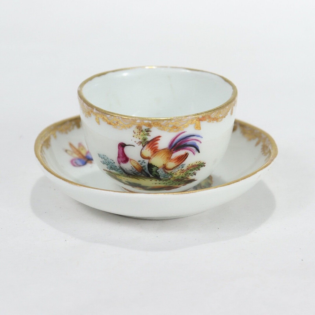 Antique Meissen Porcelain Miniature Tea Cup & Saucer With Birds of ...