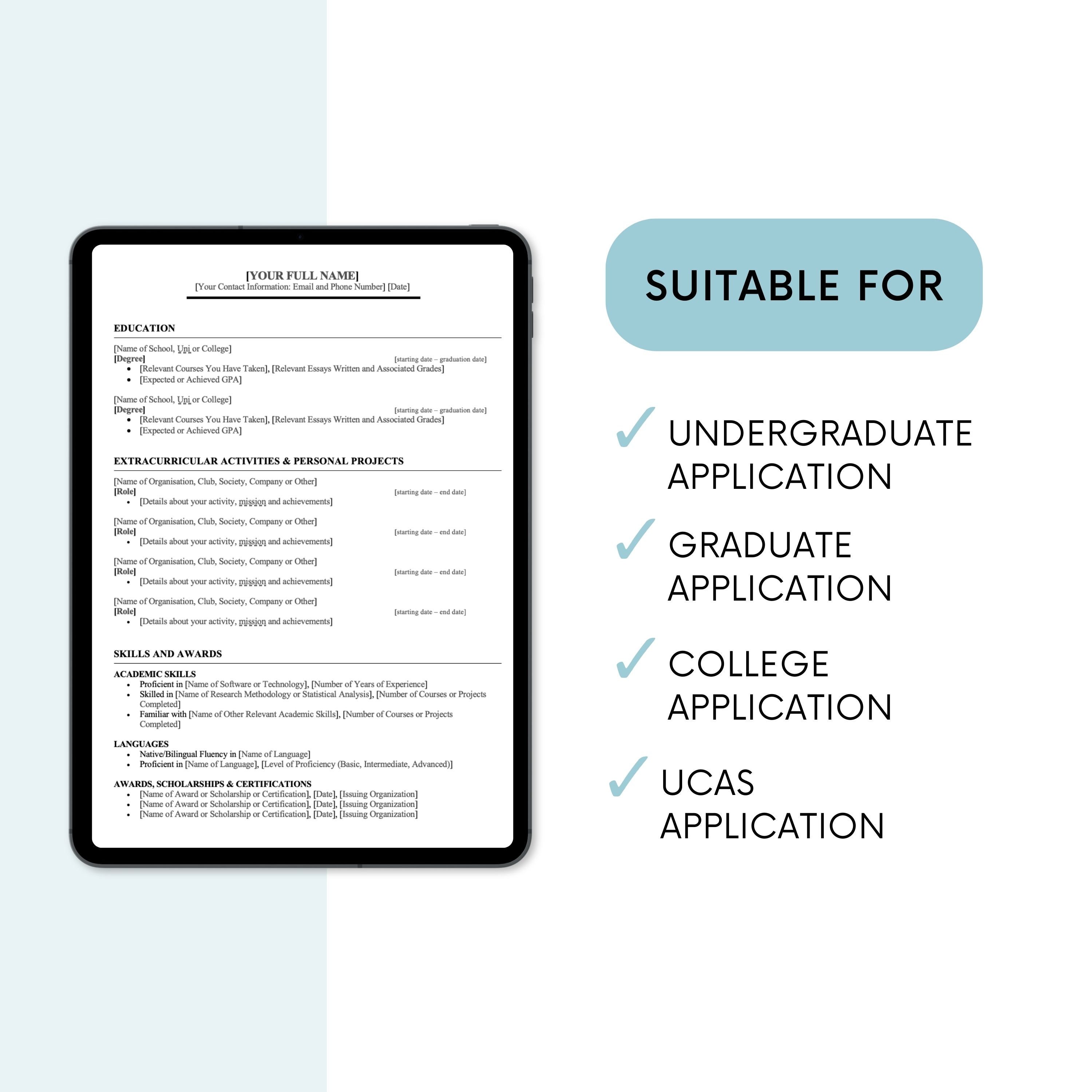 Academic Resume CV Template | University College Application ...