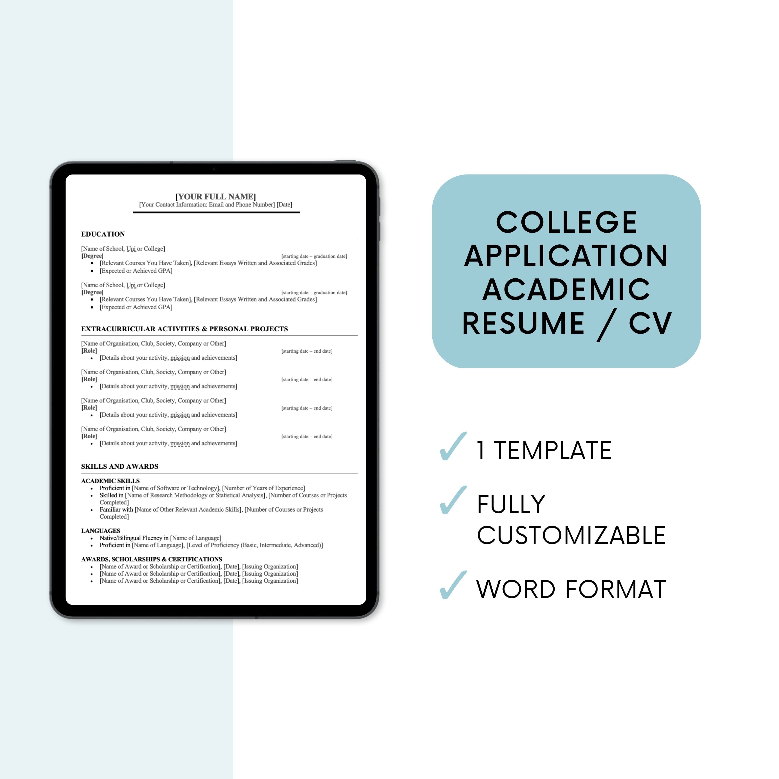 Academic Resume CV Template | University College Application ...