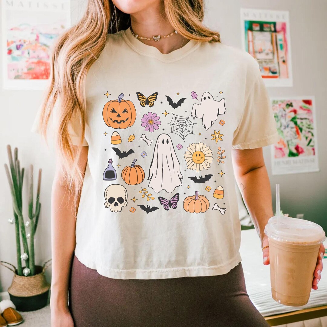 Cute Halloween Crop Top, Trendy Halloween T Shirt, Retro Pumpkin Ghost ...