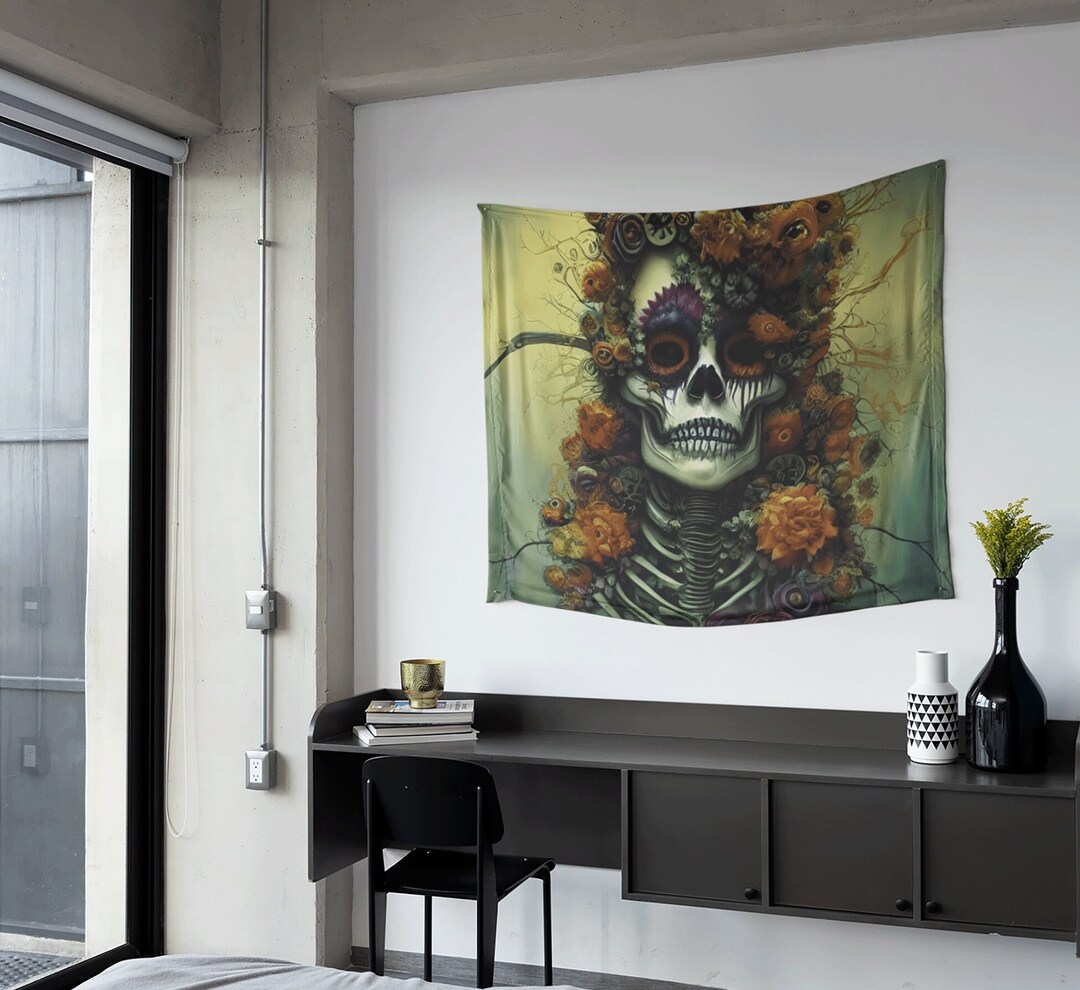 Skeleton Tapestry Wall Art, Flower Crown Skeleton Halloween Party Decor ...