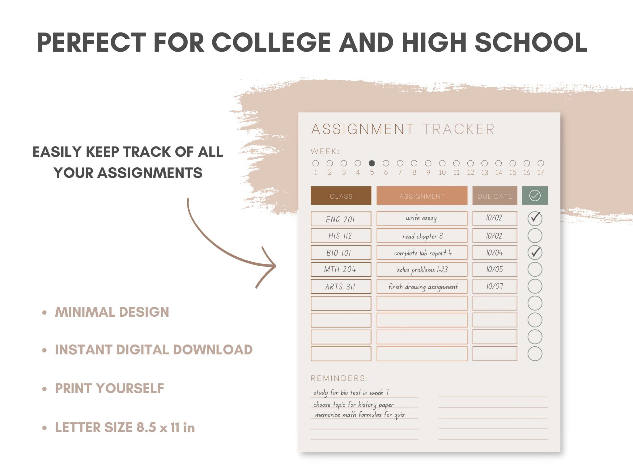 Printable Assignment Tracker Assignment Planner Homework Chart College ...