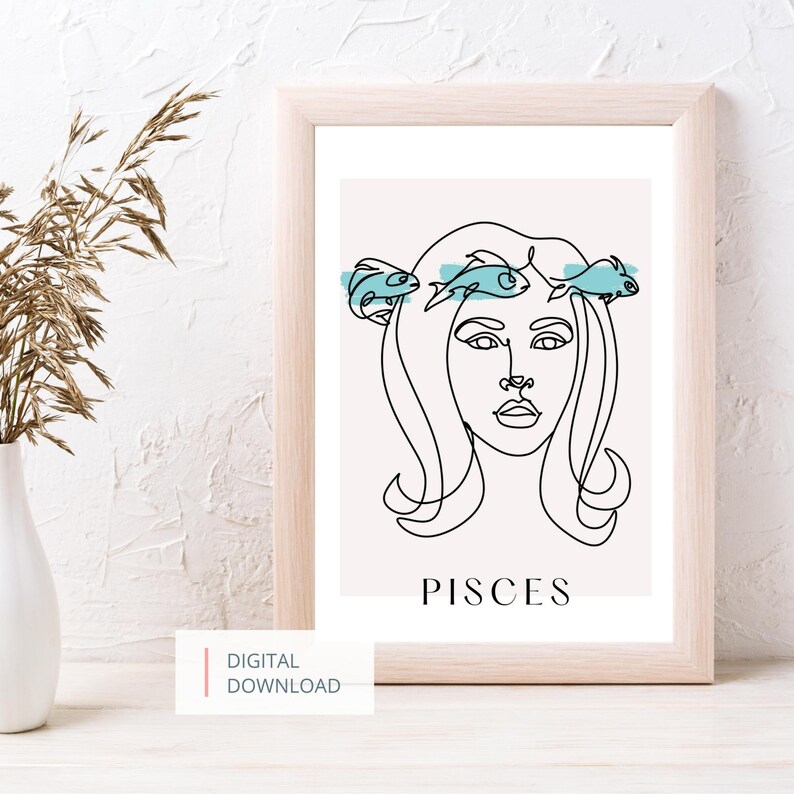 Pisces Illustration Print, Beautiful Line Printable Art, Star Sign ...