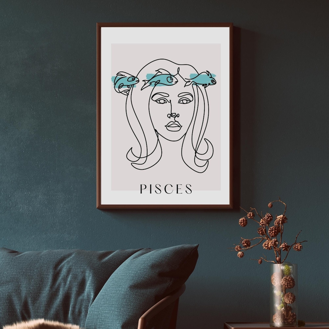 Pisces Illustration Print, Beautiful Line Printable Art, Star Sign ...