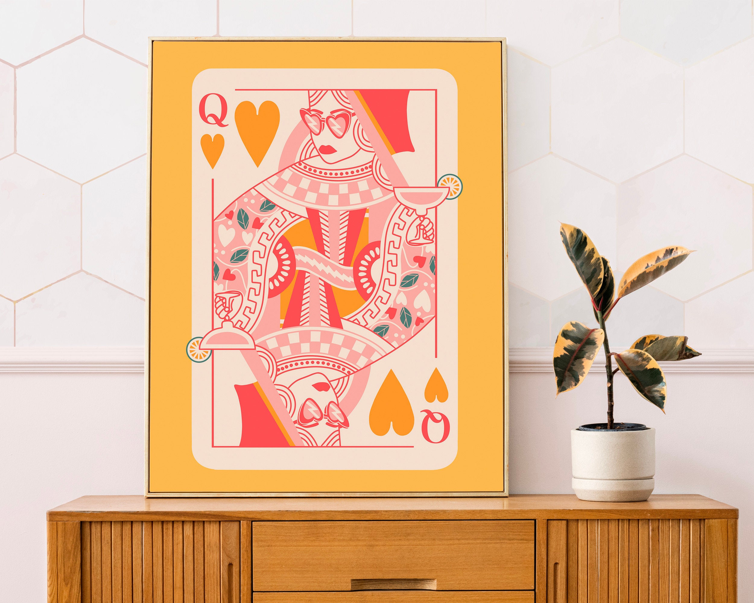 Queen of Hearts Playing Card Poster, Maximalist Wall Art, Preppy Pastel ...