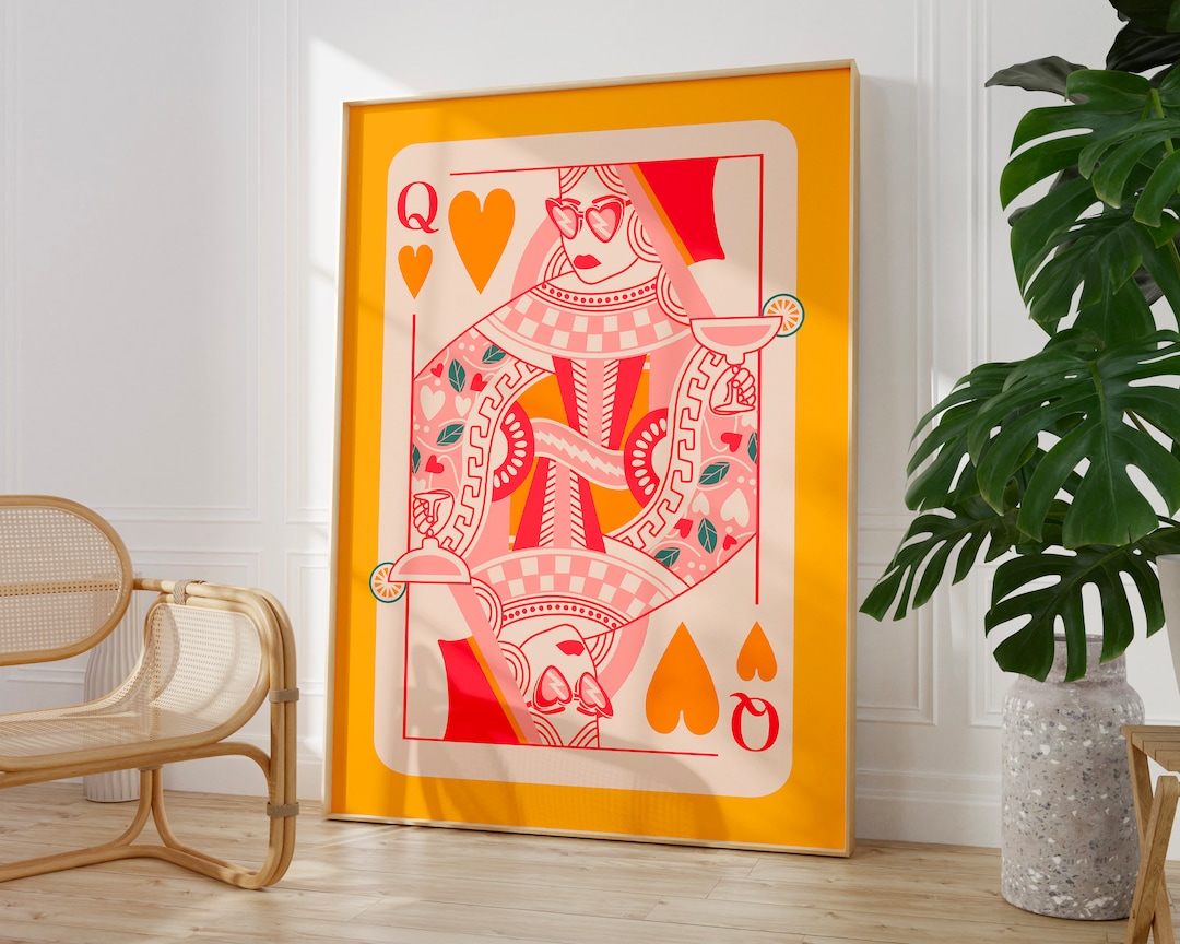 Queen of Hearts Playing Card Poster, Maximalist Wall Art, Preppy Pastel ...