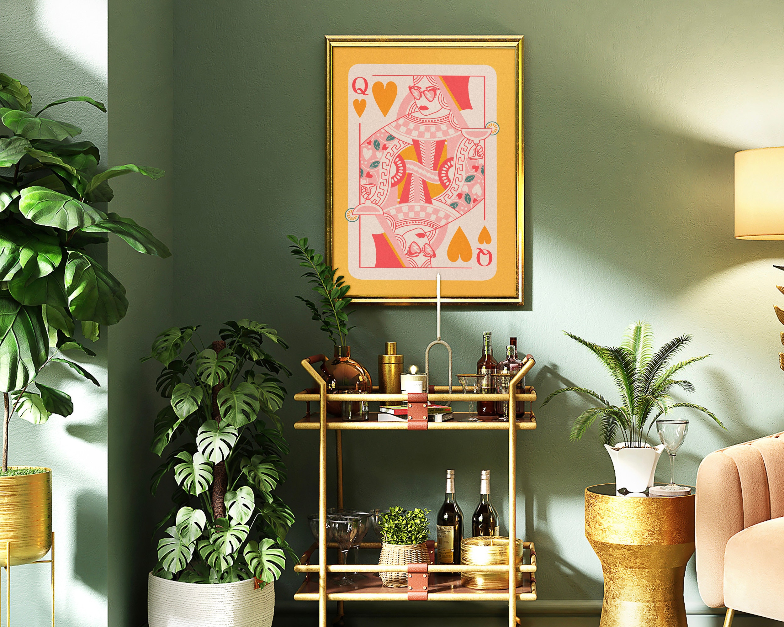 Queen of Hearts Playing Card Poster, Maximalist Wall Art, Preppy Pastel ...