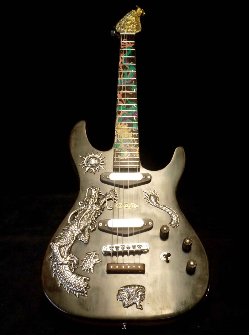 Handmade Electric Guitar: Dragon Motif, Carved Silver & Gold Inlays - Etsy