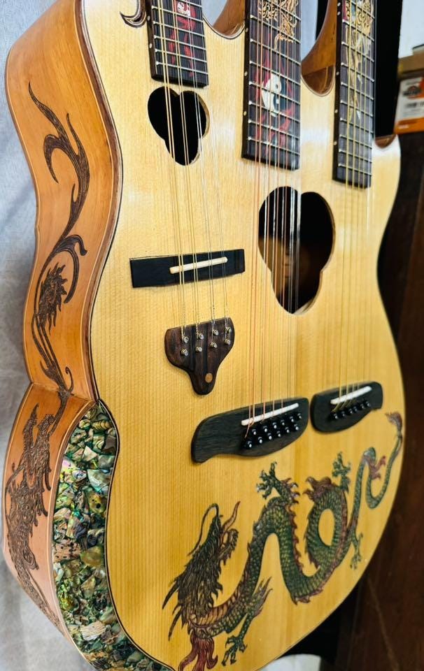 Handmade Triple Neck Acoustic Guitar: Dragon Inlay, 6-string, 12-string ...