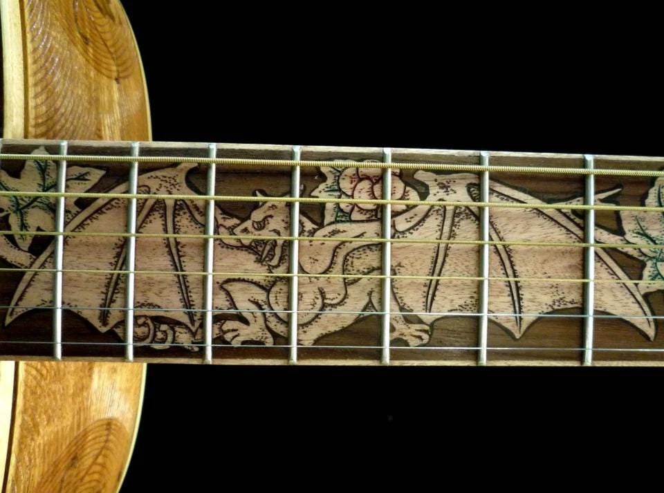 Handmade Grand Concert Acoustic Guitar: Bat Motif Inlay, Alaskan Spruce ...
