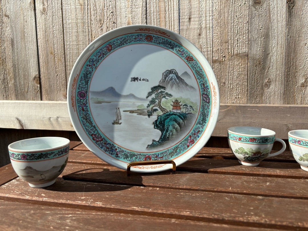 Vintage China Hand Painted Tea Set, Four Cups and One Plate Retro MCM ...