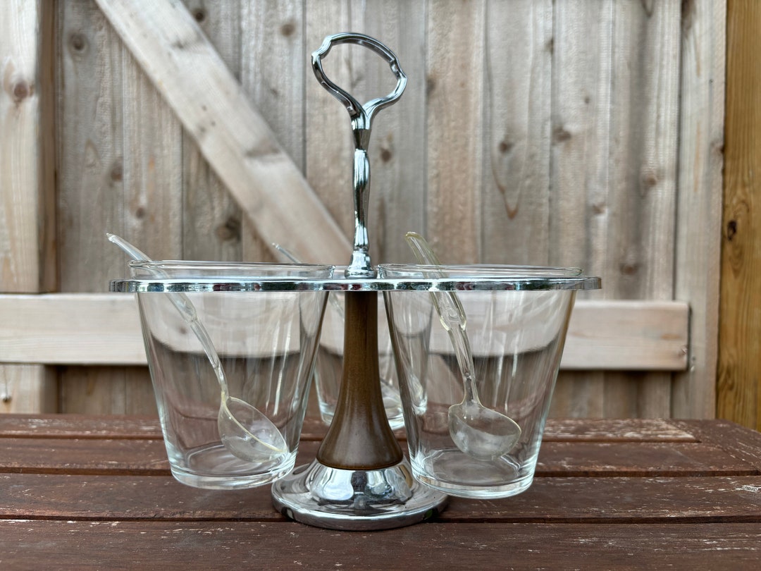 Vintage 3 Part Condiment Server Retro 1970s Chrome and Brown With Clear ...
