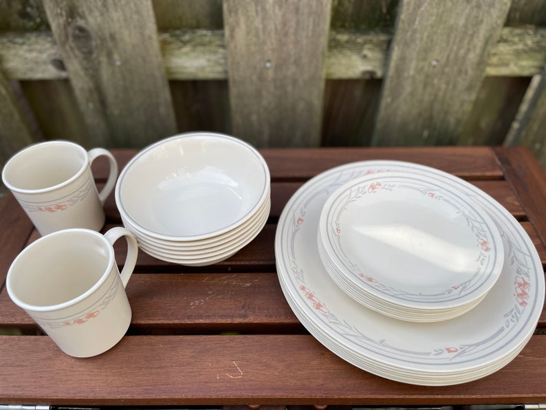 Corelle Rose Pattern Dinnerware 23 Piece Dish Set Vintage 1980s 1990s ...