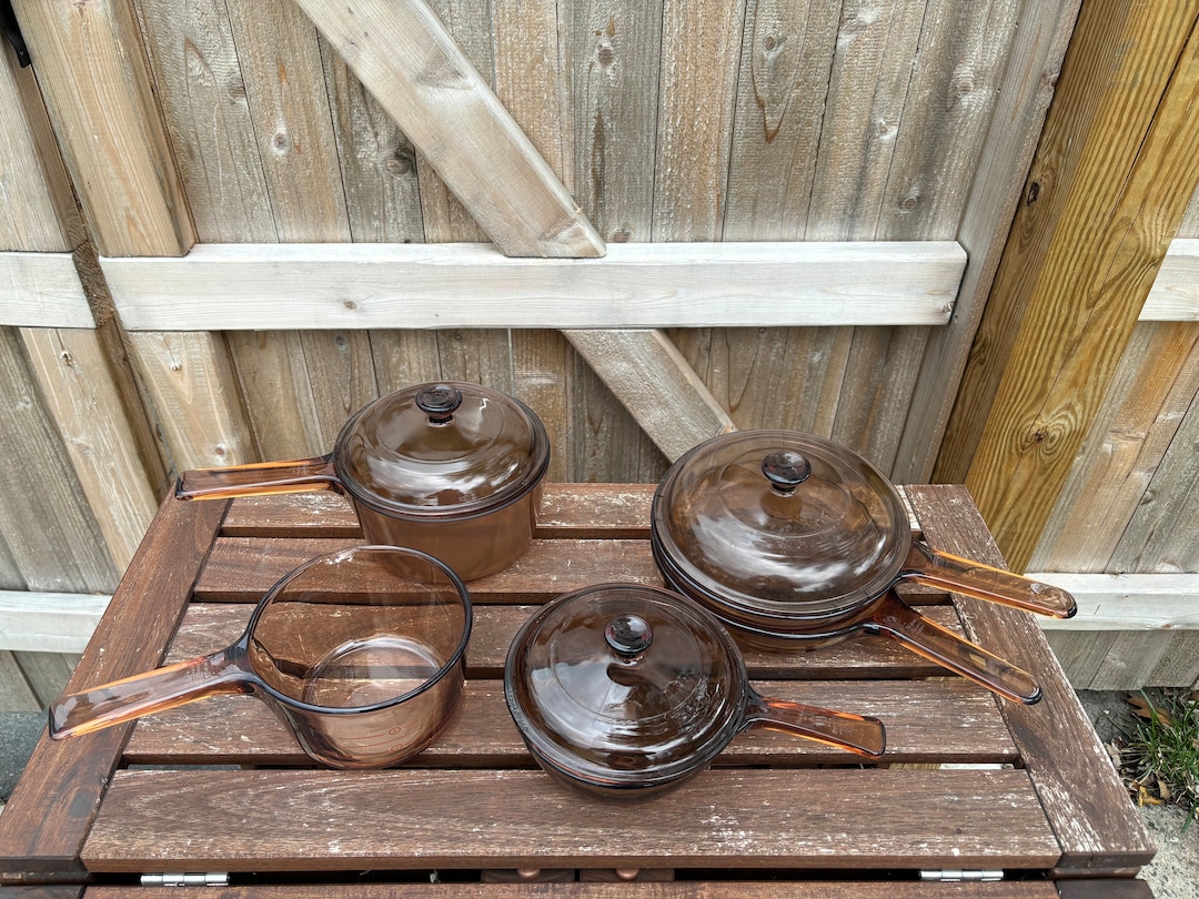 Pyrex Brown Amber Glass Glass Vintage Skillet and Sauce Pot Retro 1970s ...