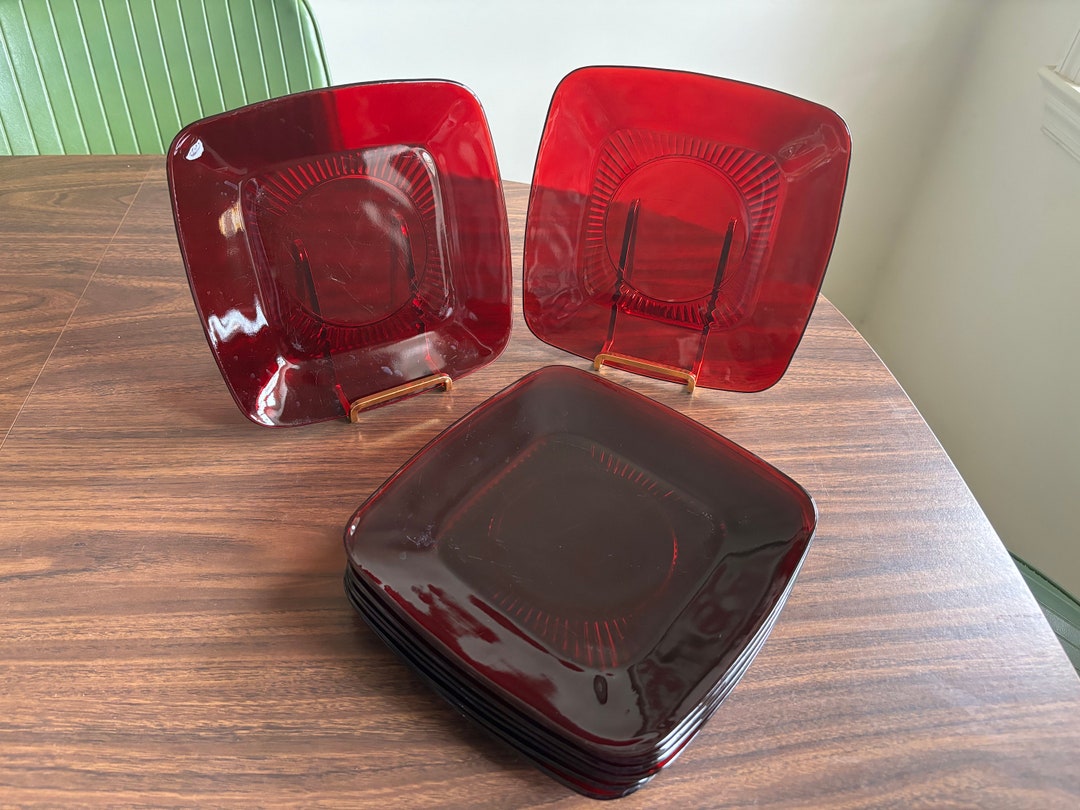 Ruby Red Square Glass Plate Set Anchor Hocking Vintage Retro 1940s Set ...