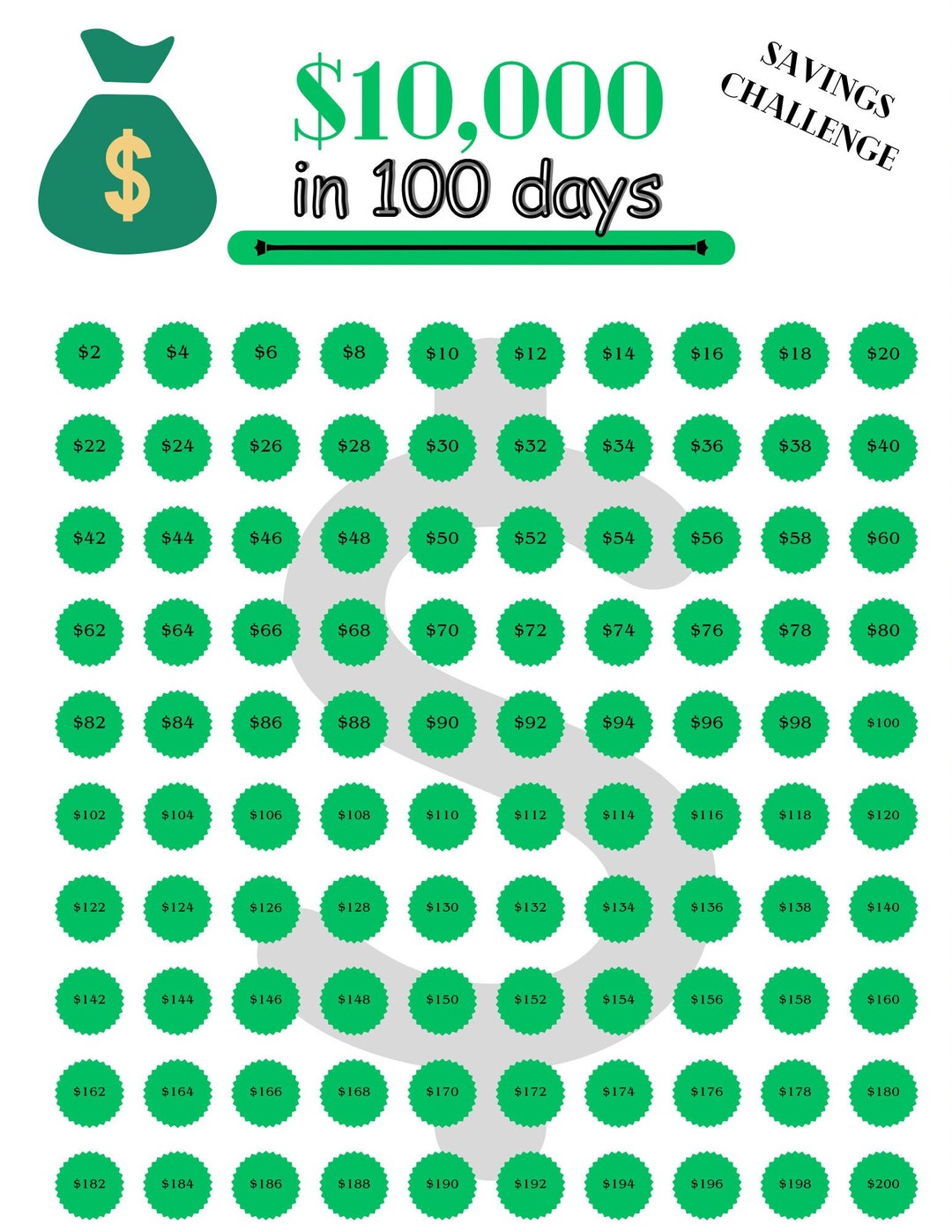 10K In 100 Days Savings Tracker Printable File Save 10 000 In 100