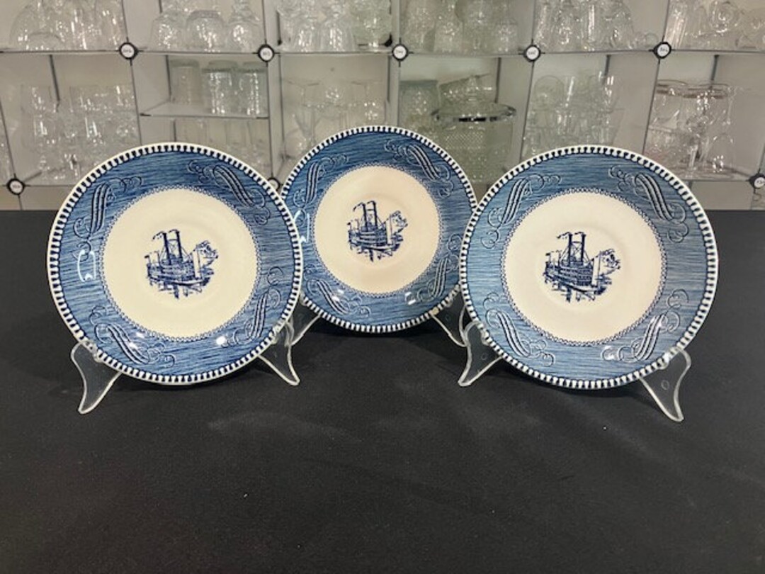 Currier & Ives Blue by Royal China - Set of Three Vintage Flat Saucers ...