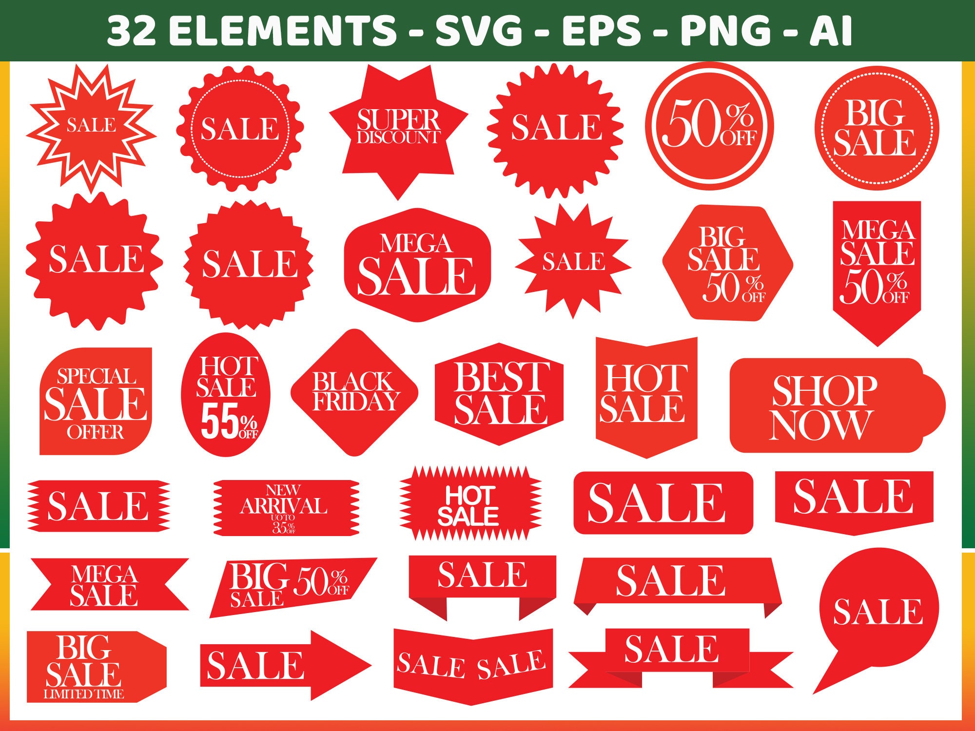 Sale Sticker, SVG Clipart Vector Design Illustration Print, Set of Red ...