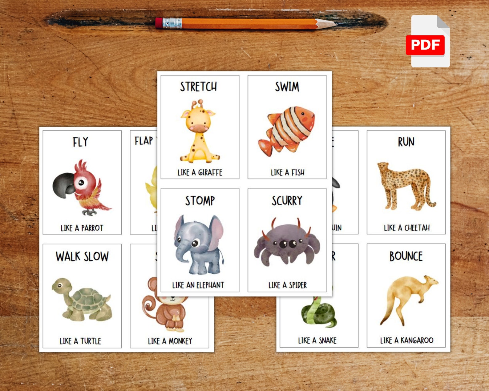 40 Animal Movement Cards for Kids, Printable Brain Break Activities ...