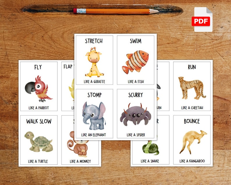 40 Animal Movement Cards for Kids, Printable Brain Break Activities ...