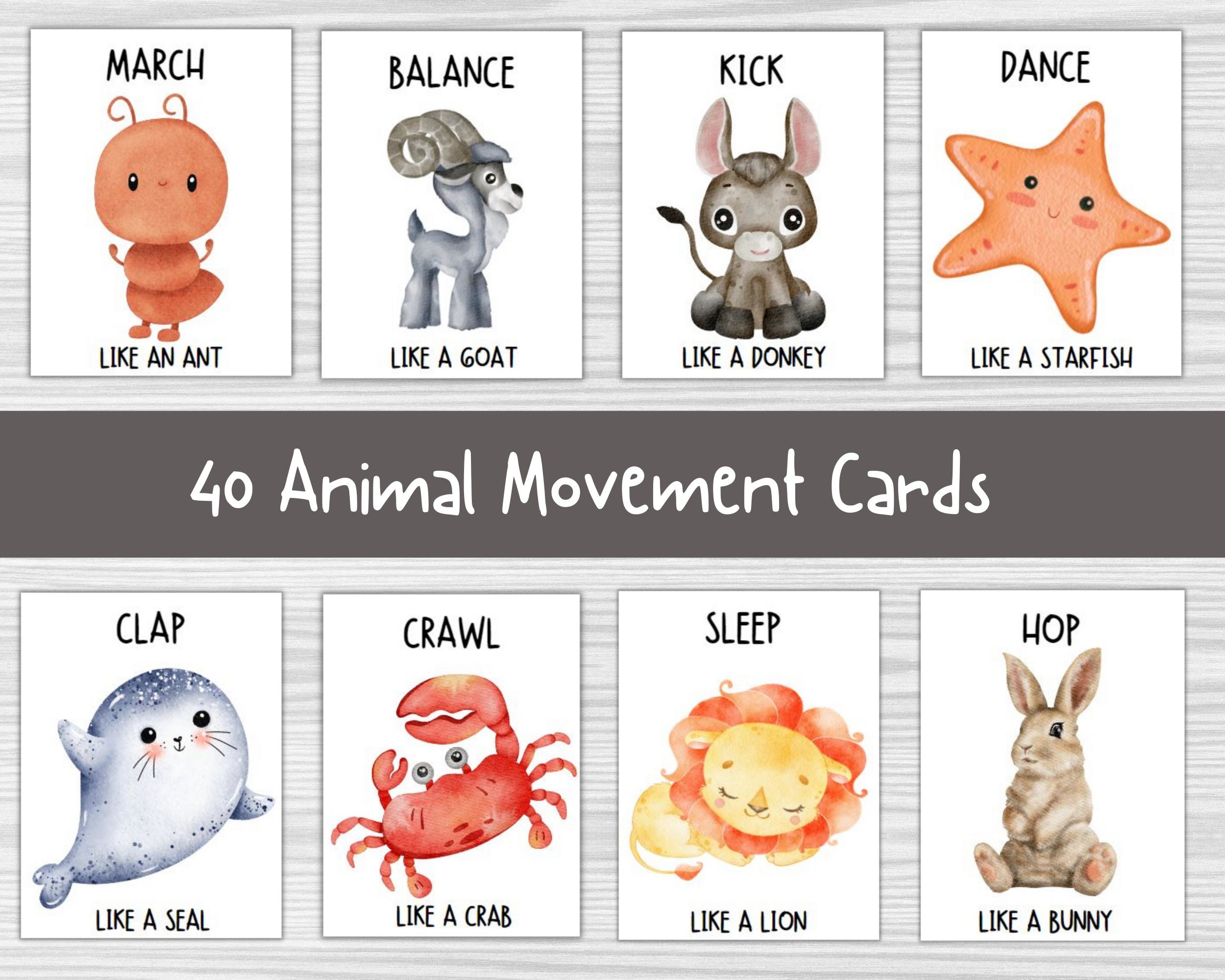 40 Animal Movement Cards for Kids, Printable Brain Break Activities ...