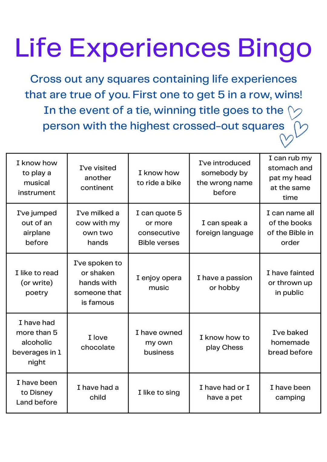 Life Experiences Bingo Activity Sheet - Etsy Australia