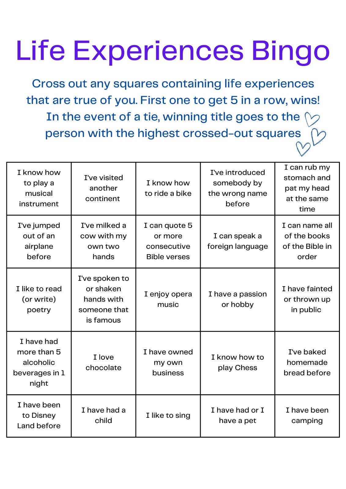 Life Experiences Bingo Activity Sheet - Etsy Australia