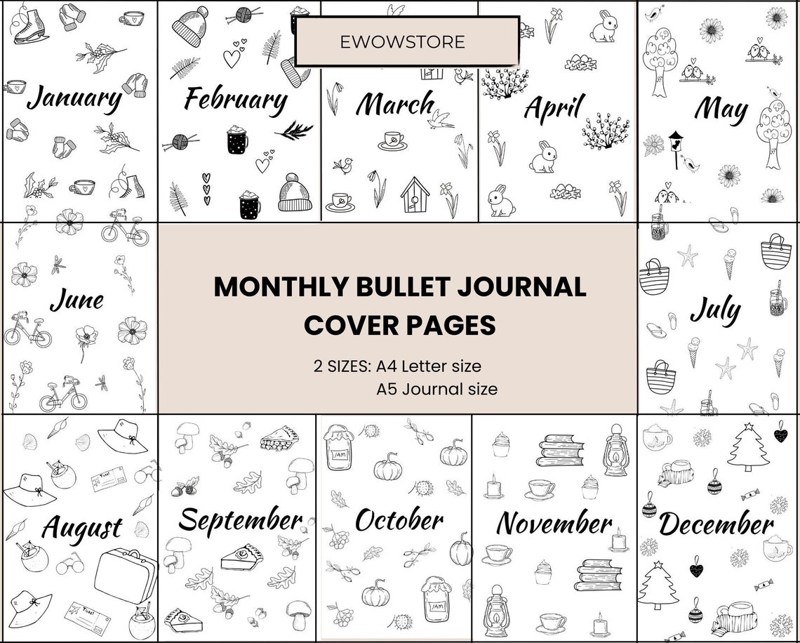 Monthly Bullet Journal Cover Pages, Printable Journal Page, Junk ...