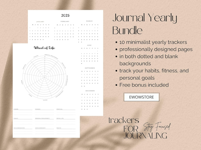 Yearly Trackers Bundle, Printable Journal Pages, Digital Planner Pages ...