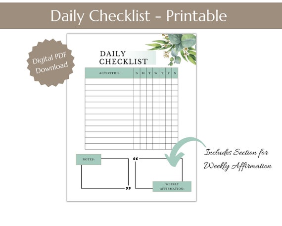 Printable Daily Checklist With Weekly Affirmation - Etsy