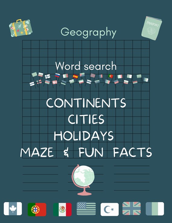 Geography Word Search Puzzle Workbook Activity Book Maze - Etsy