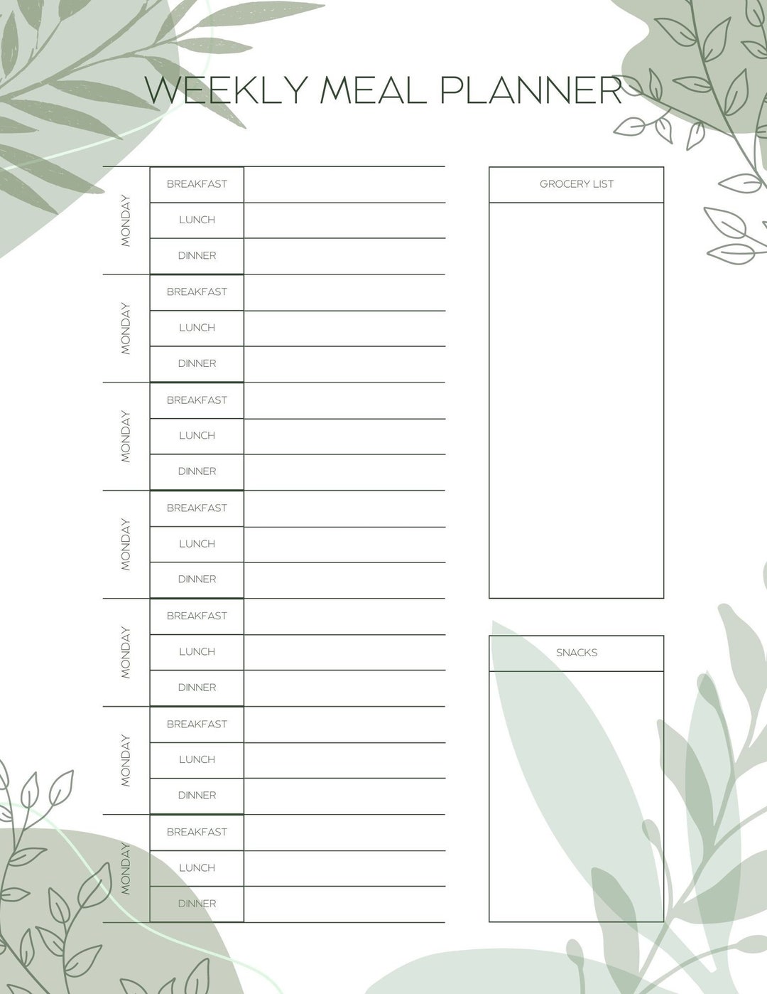 Weekly Meal Planner | PORTRAIT | 8.5x11 | Plant Lovers| Printable ...