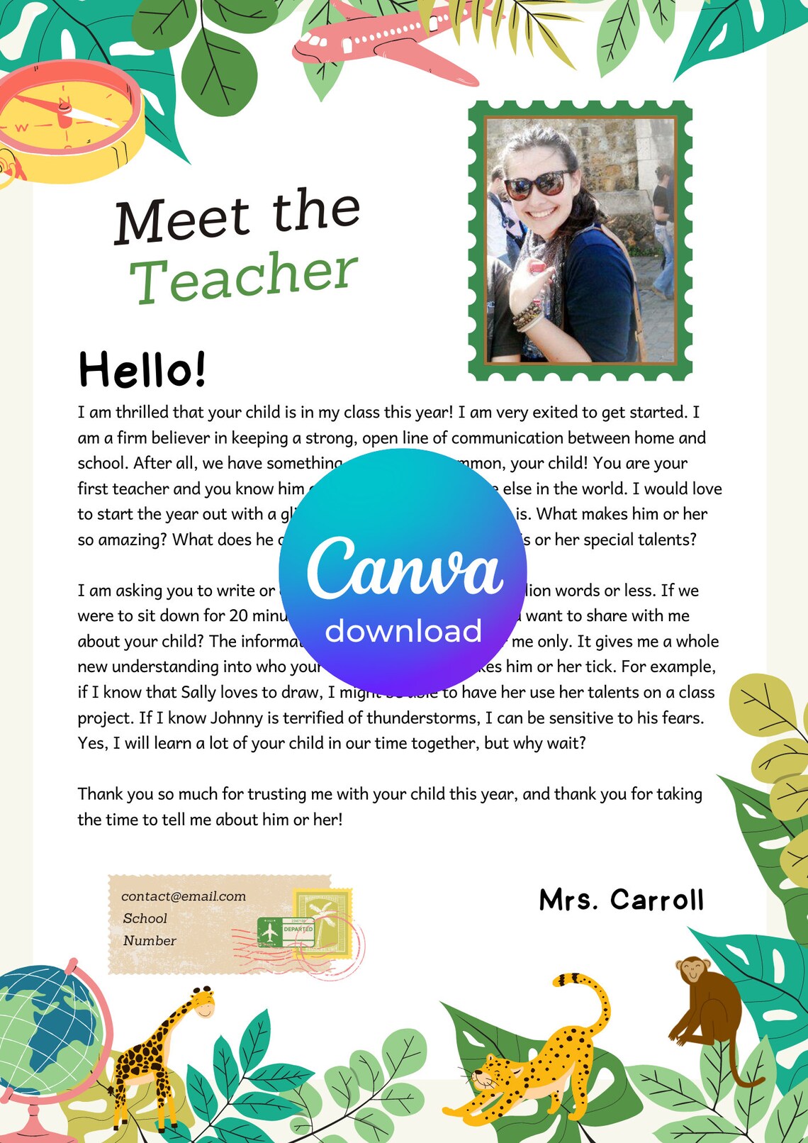 EDITABLE Meet the Teacher Letter Templates | Jungle Themed | Elementary ...