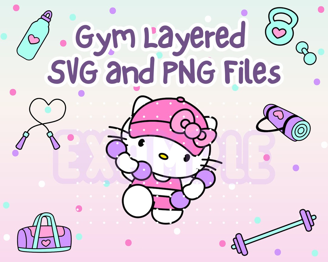 Cat Gym Cute Hello Pink Purple Blue Exercise Kitty Clipart Png - Etsy
