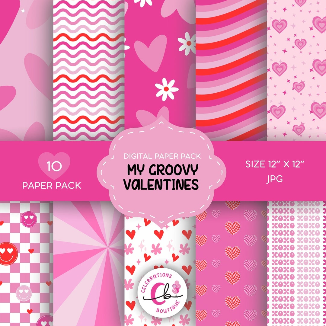 Groovy Valentines, Valentines Digital Paper, Groovy Design, Valentines ...