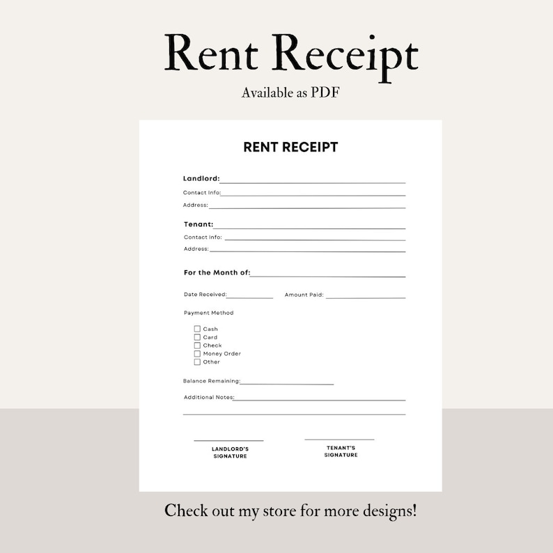 Rental Receipt Template – Landlord/tenant (PDF, PNG, JPG) - Etsy