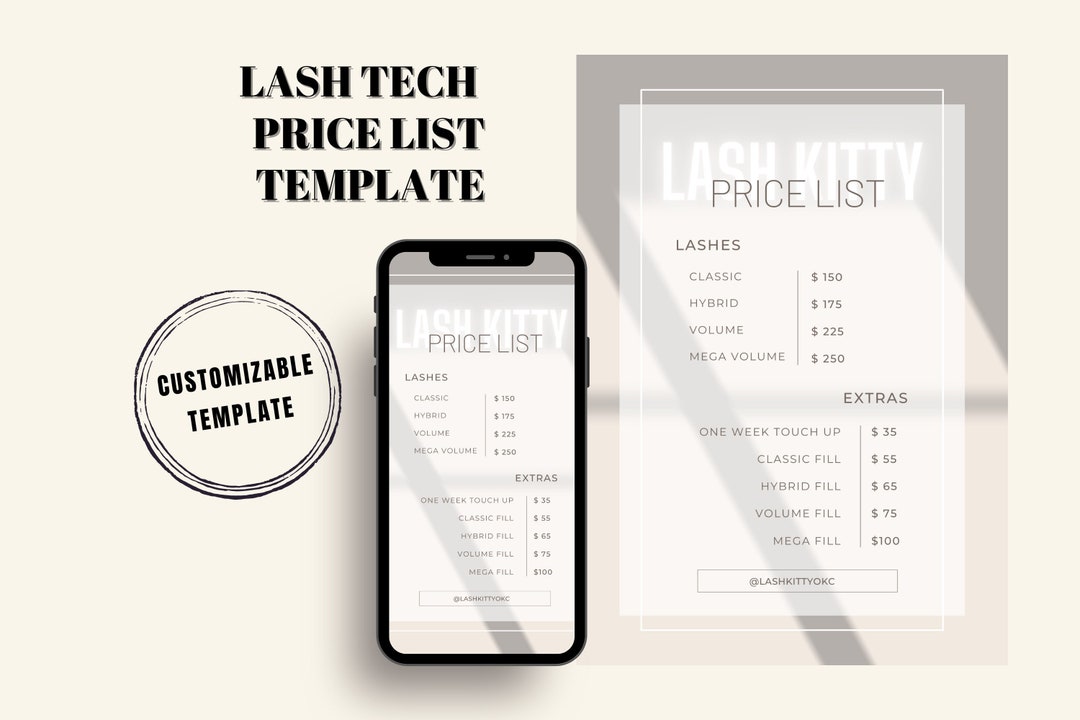 Lash Tech Extension Price List Template Beauty / Cream Beige Minimalist ...