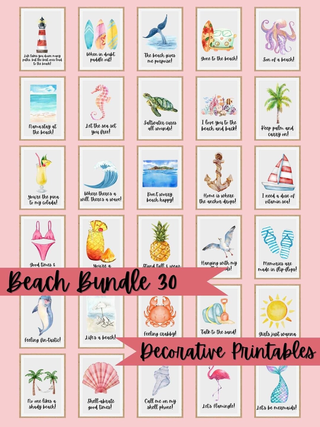 Beach Watercolor Digital Printables. Set of 30 Inspirational Funny ...