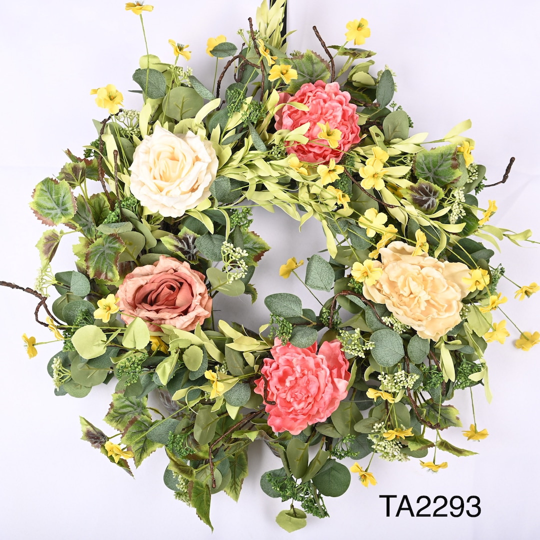 24 Inch Spring Wreath, Green Leave, Spring Flowers, Front Door Wreath ...