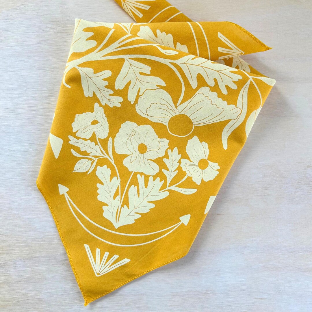 Yellow Cotton Bandana Folk Art Bandana Botanical Bandana Pattern Floral ...