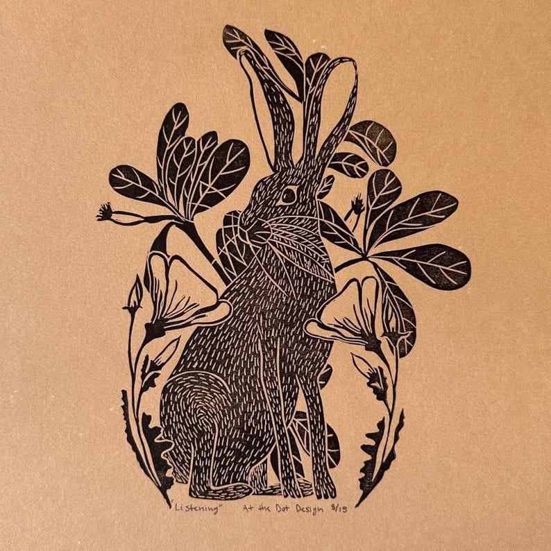 Jack Rabbit Nursery Wall Art Linocut Print Botanical Gift for Nature ...