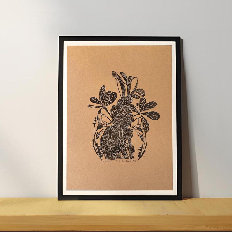 Jack Rabbit Nursery Wall Art Linocut Print Botanical Gift for Nature ...