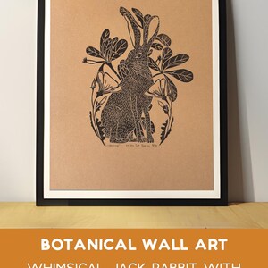 Jack Rabbit Nursery Wall Art Linocut Print Botanical Gift for Nature ...