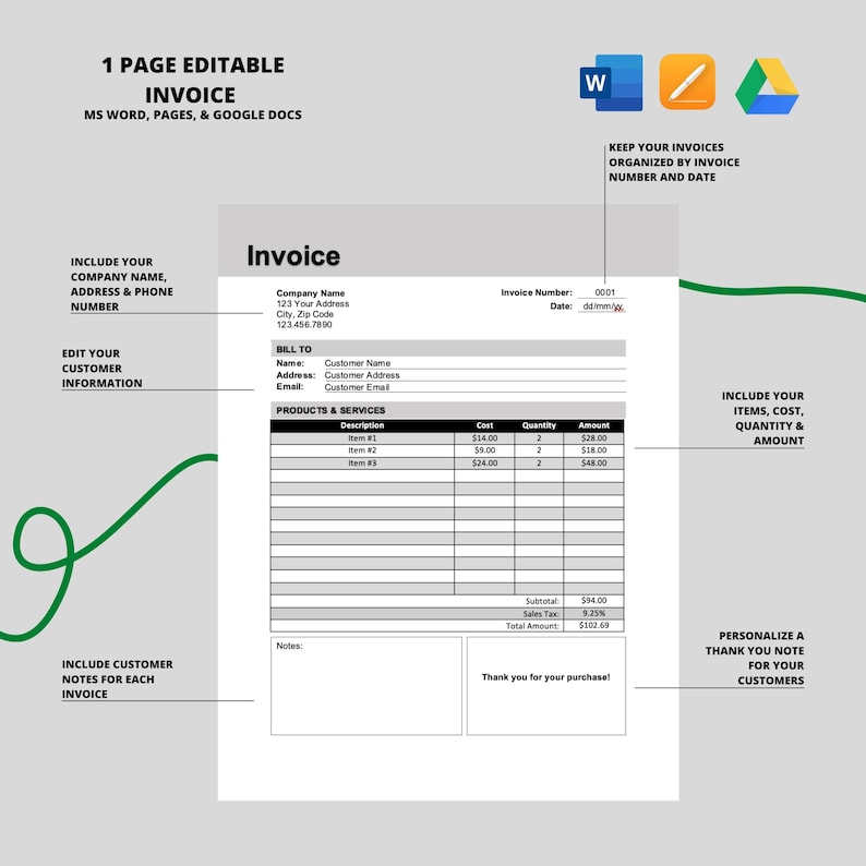 Invoice Template MS Word, Pages, and Google Drive. Business and Small ...