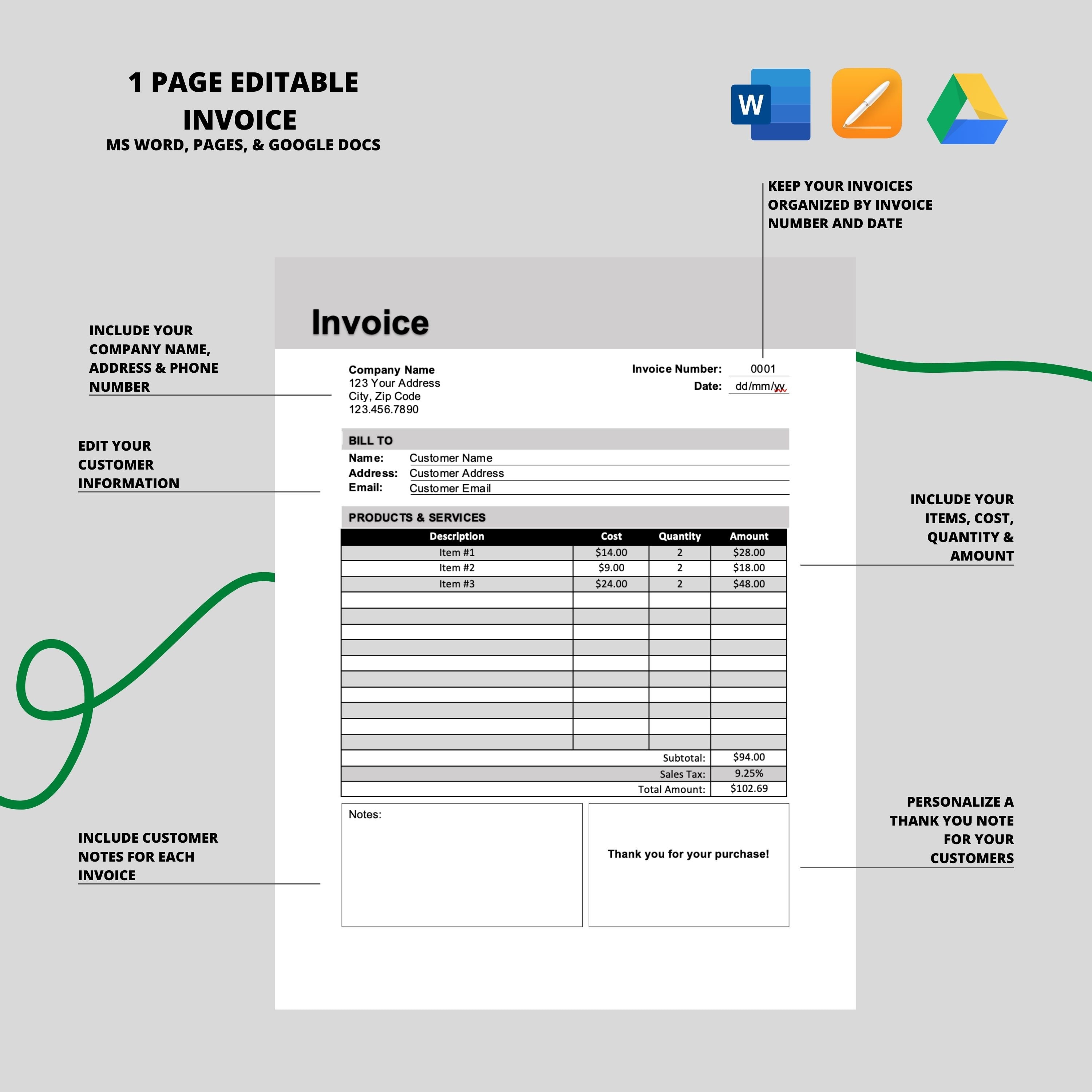 Invoice Template MS Word, Pages, and Google Drive. Business and Small ...