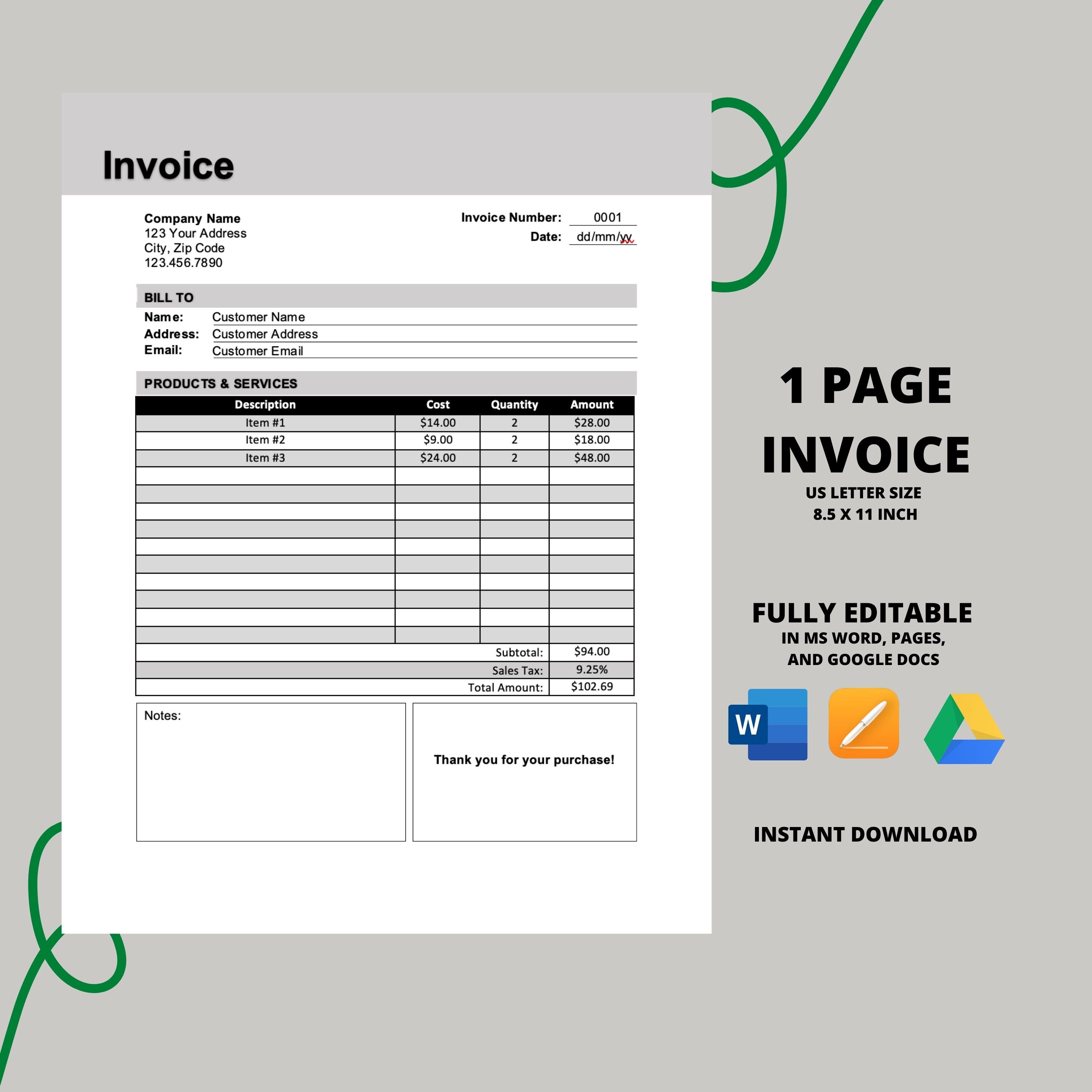 Invoice Template MS Word, Pages, and Google Drive. Business and Small ...