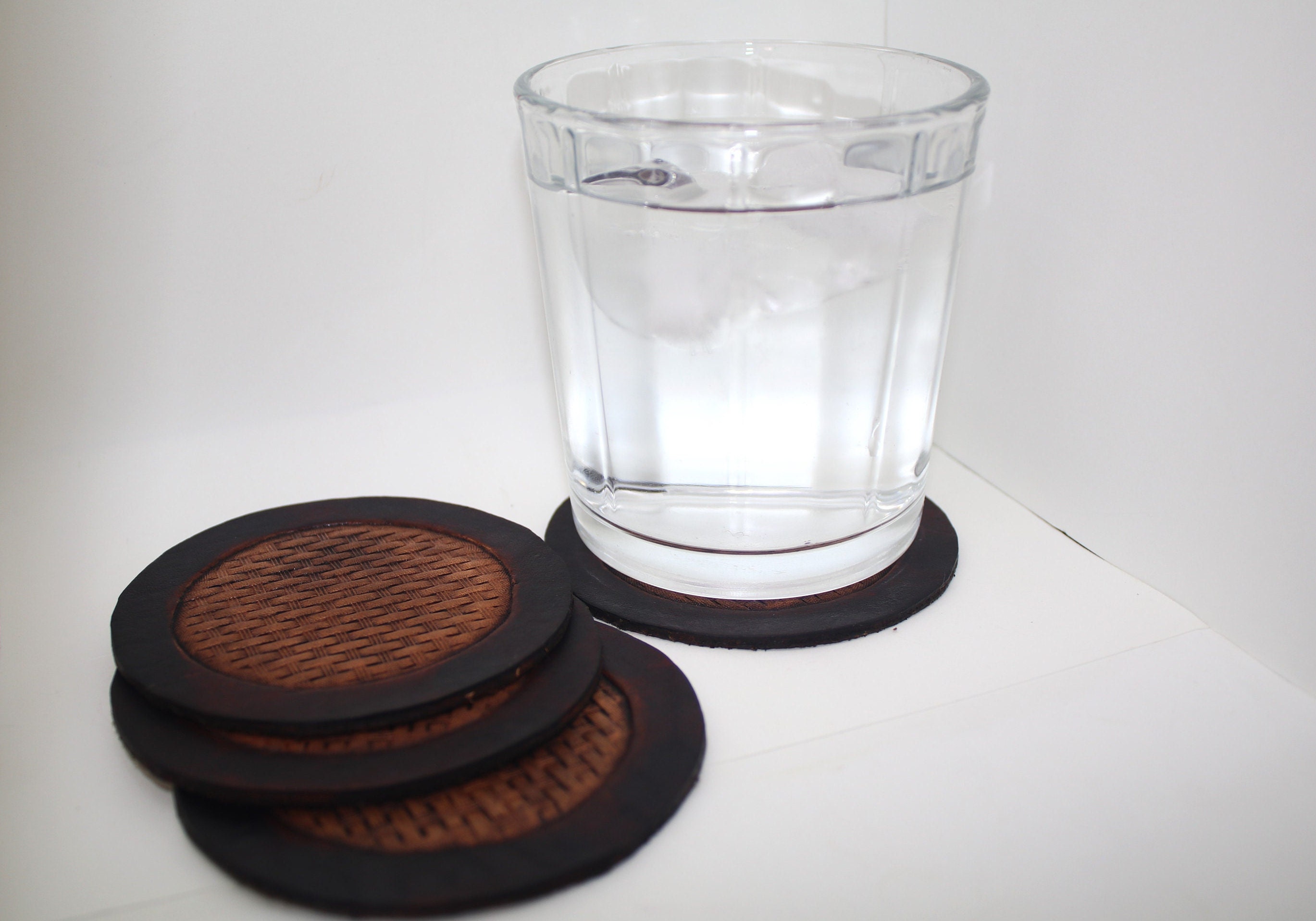 Leather Basket Weave Drink Coasters set of 4, Hand-stamped Handmade ...